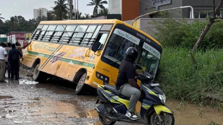 Pothole menace: Bengaluru school bus almost overturns due to damaged ...