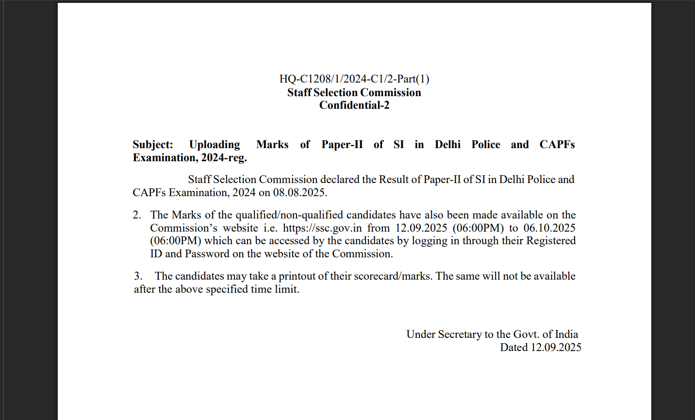 SSC SI Paper 2 result 2025: Marks out for all candidates on ssc.gov.in ...