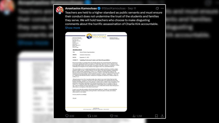 Charlie Kirk death: Florida Education Commissioner warns teachers about ...