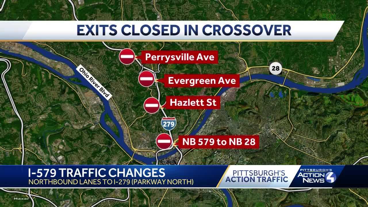 Northbound I-579 traffic in Pittsburgh crossing over to HOV lanes, ramp ...