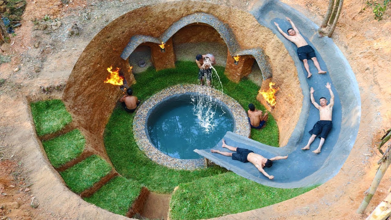 Dig To Build Swimming Pool Water Slide Around Secret Underground House