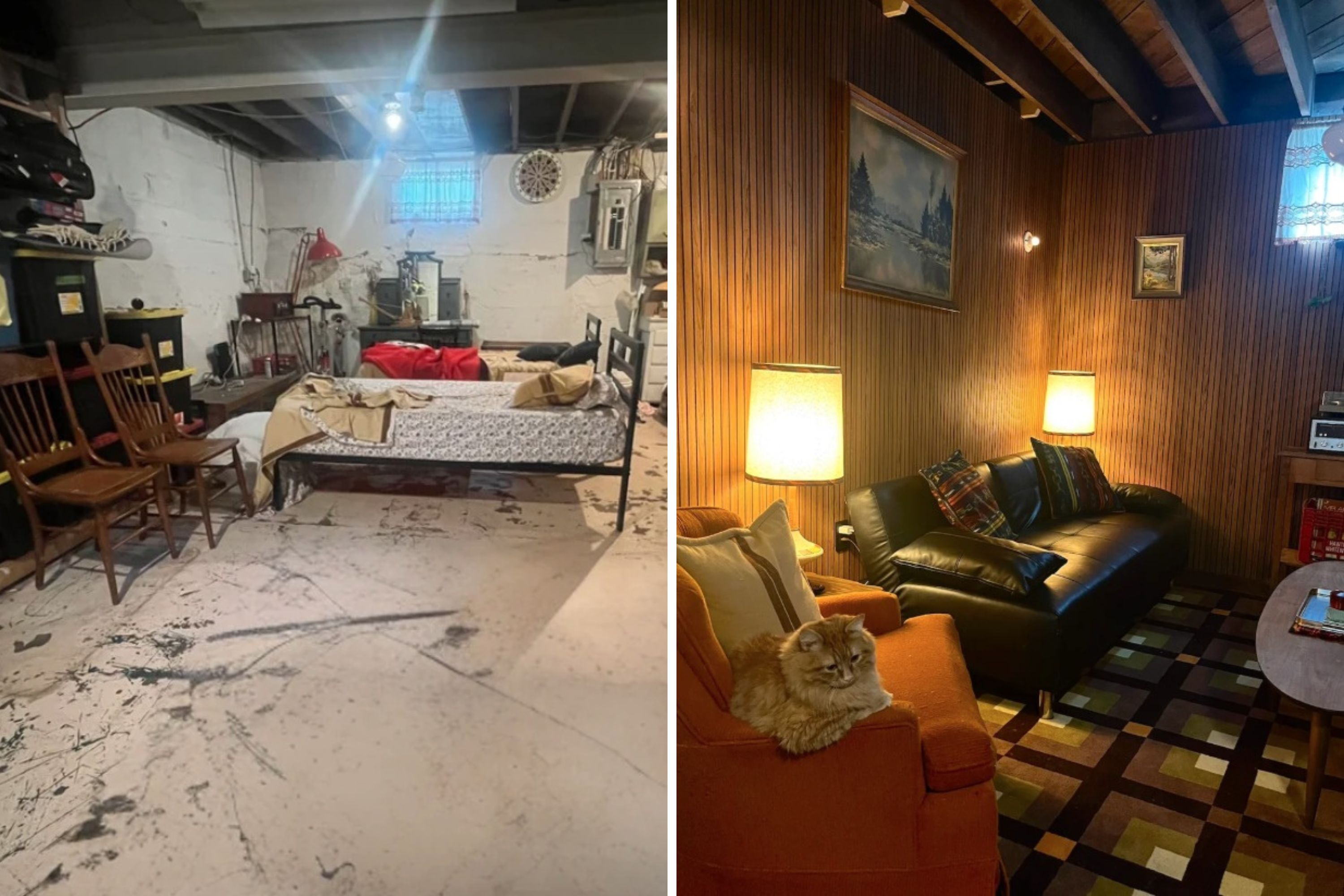 Couple transforms 100-year-old home's storm shelter basement into "70s den"