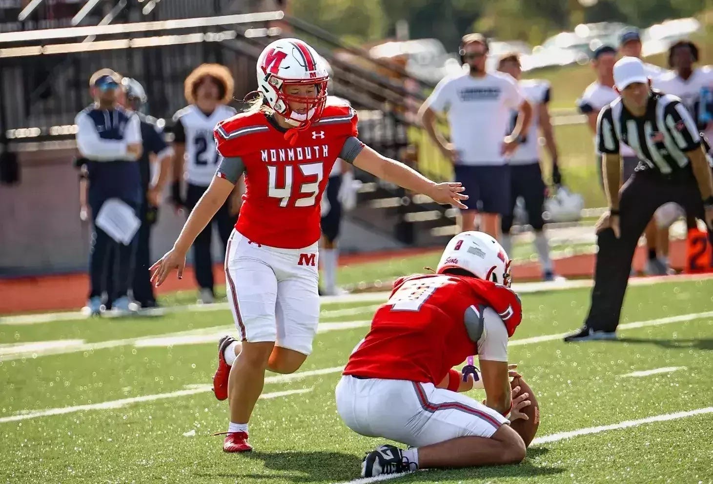Female kicker from Pekin makes history with field goal for Monmouth ...