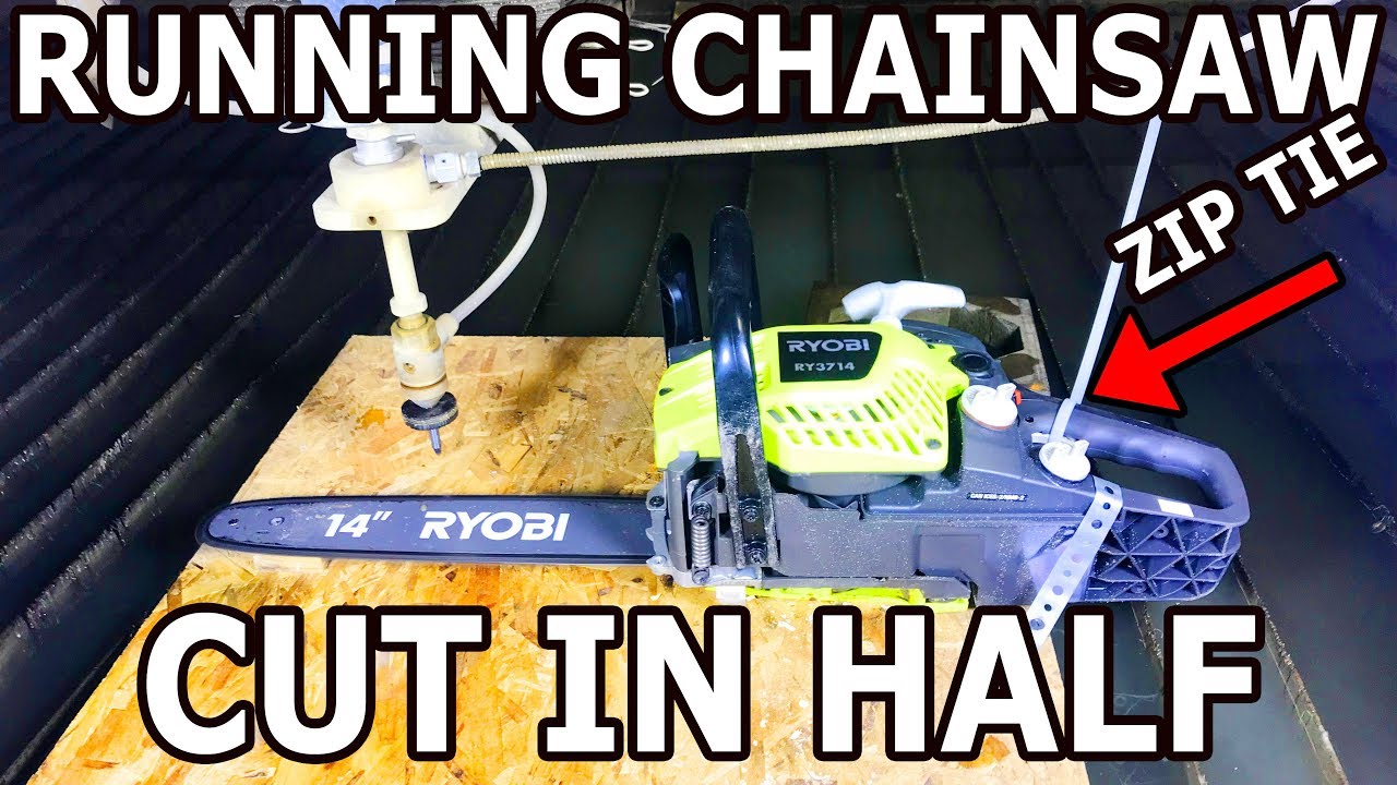 What happens when you cut a running chainsaw with a waterjet? Don't try ...