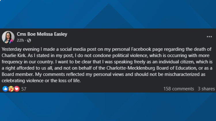 CMS school board member defends post amid backlash over Charlie Kirk remark