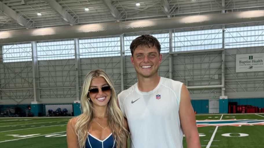 Zach Wilson’s wife Nicolette stands out in ab-revealing Dolphins fit vs. Pats