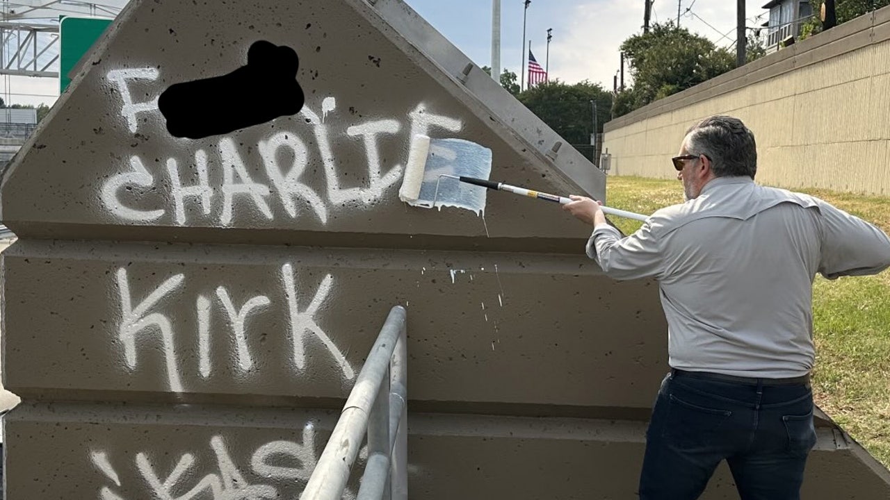 Senator Ted Cruz paints over profane graffiti referencing Charlie Kirk