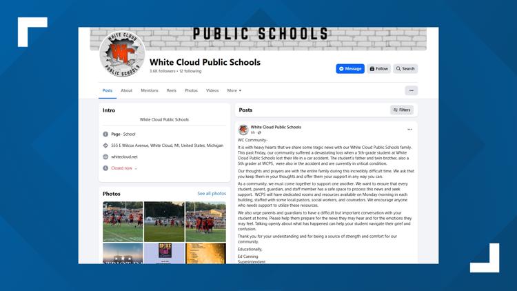 White Cloud Public Schools student killed in car crash Friday, district ...