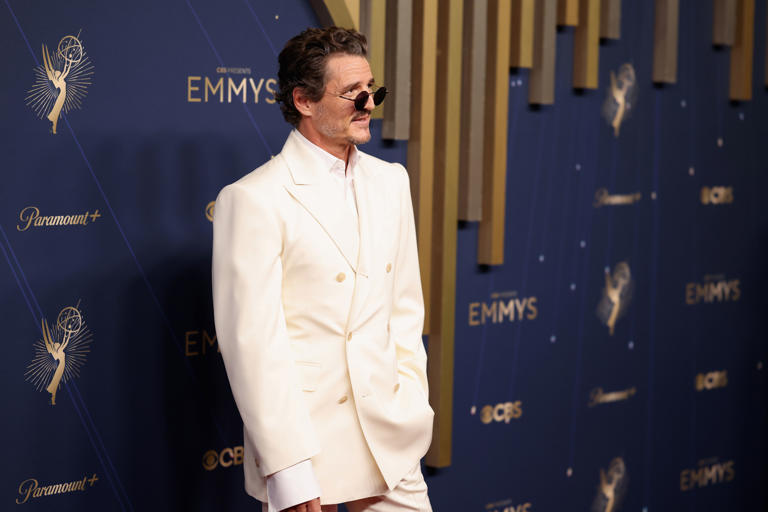 Pedro Pascal looks sharp in head-to-toe white on Emmys 2025 red carpet