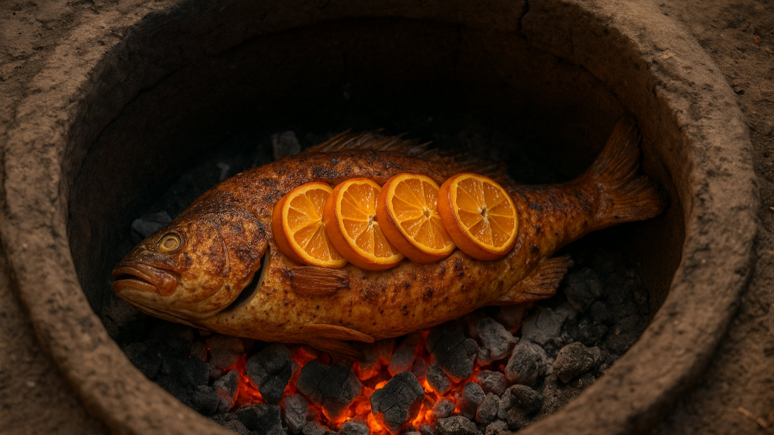 Giant fish baked underground with juicy oranges