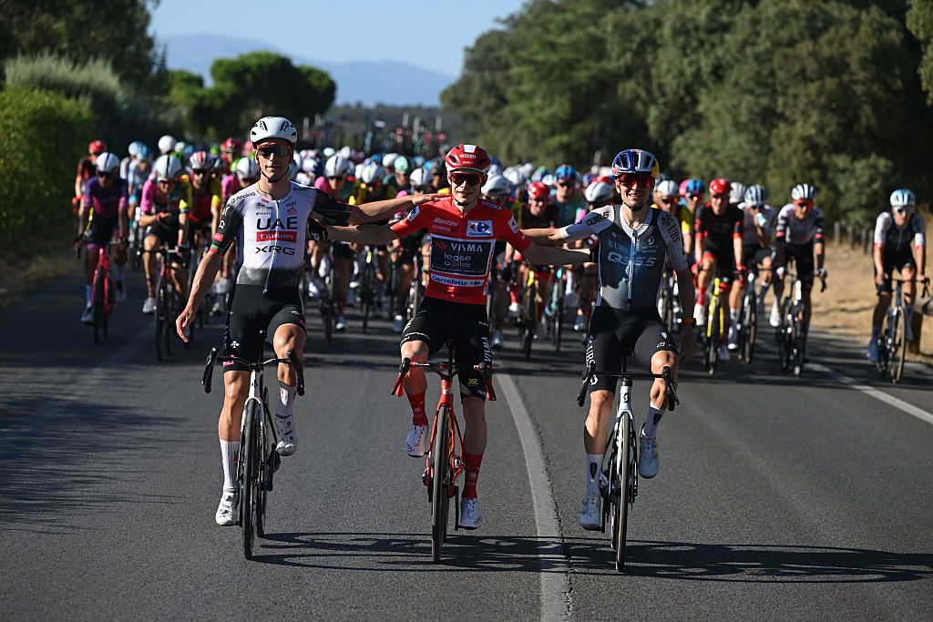 An improvised parking lot podium for Vuelta a España with drink coolers ...