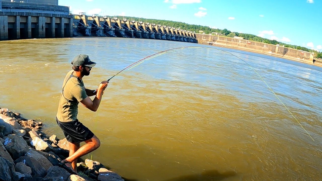 Fly fishing catfish below massive river spillway
