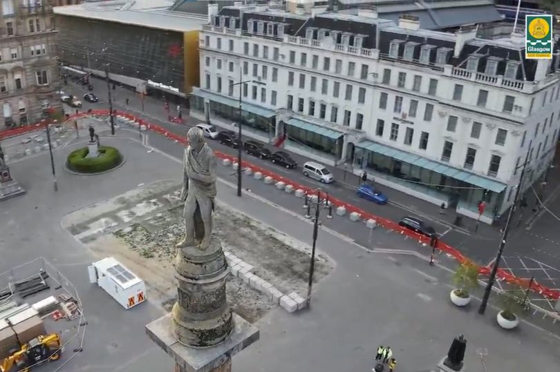 Unique view of closed George Square as 80ft high statue removed for ...