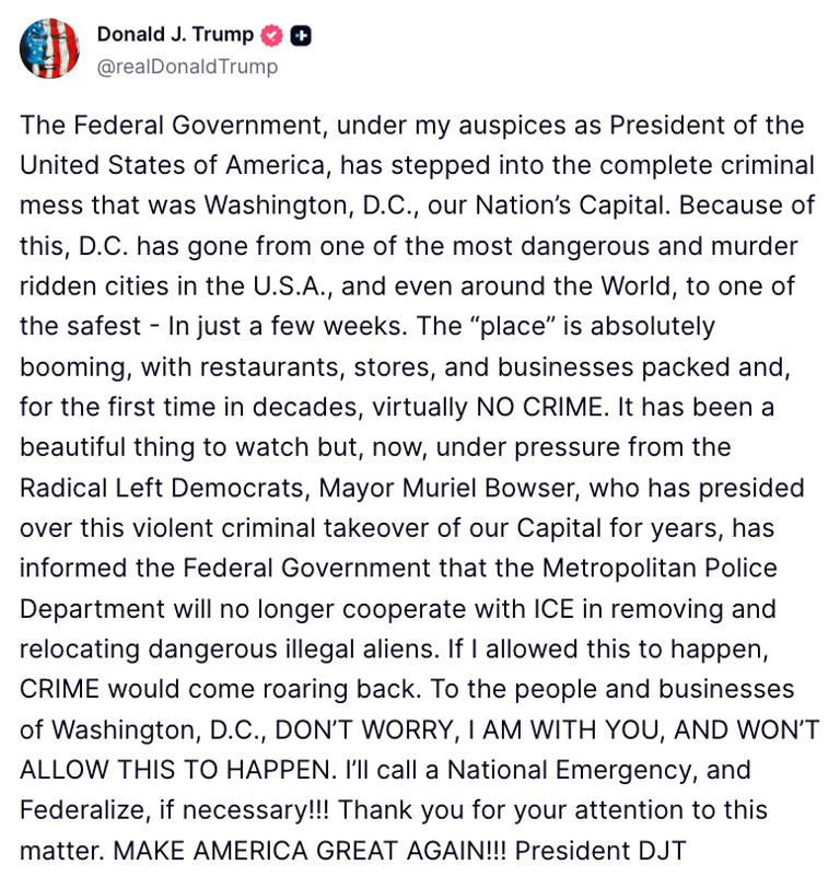 Trump Threatens to Declare ‘National Emergency’ in DC After Mayor’s ICE ...