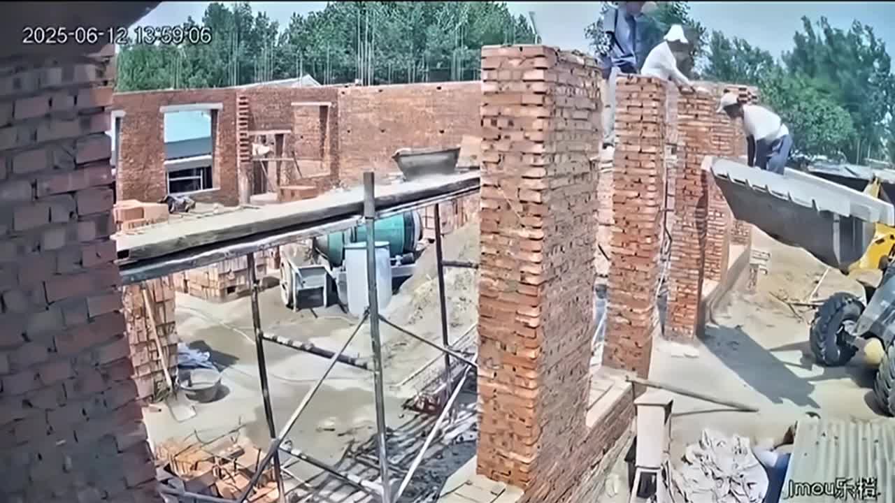 Construction site mishap sees loader send worker crashing into brick wall