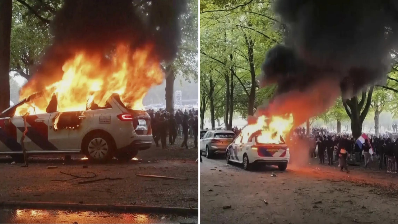 30 arrested, officers hurt: Far-right protesters torch police car ...