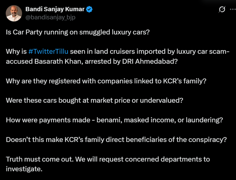 'Is the party running on smuggled luxury cars?': Bandi Sanjay targets ...