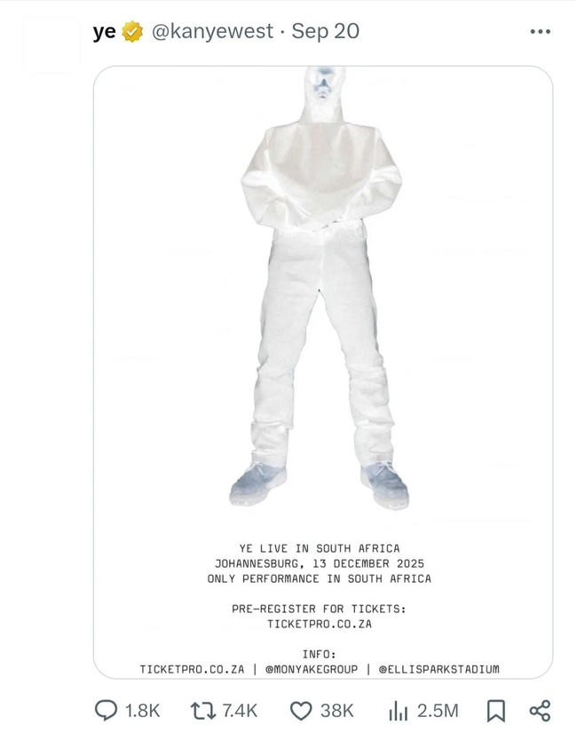 Kanye West announces exclusive concert in Johannesburg this December