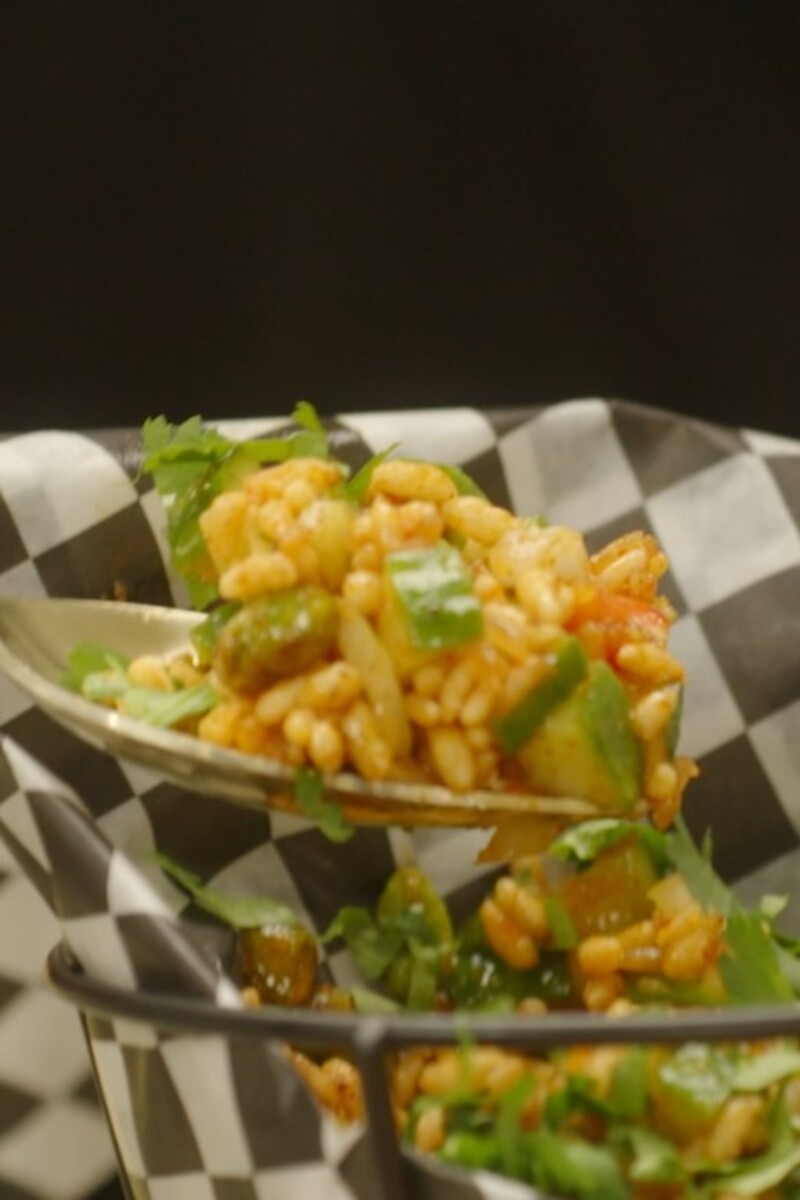 Spiced edamame and puffed rice cone