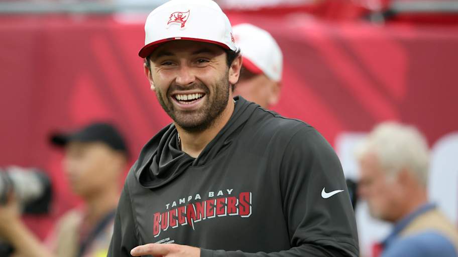 Baker Mayfied's baby girl Kova rocks Buccaneers creamsicle jersey in adorable overload