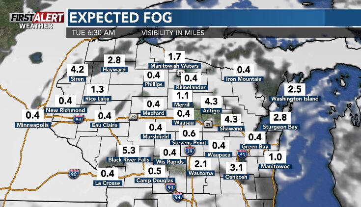 Dense morning fog, above average temps
