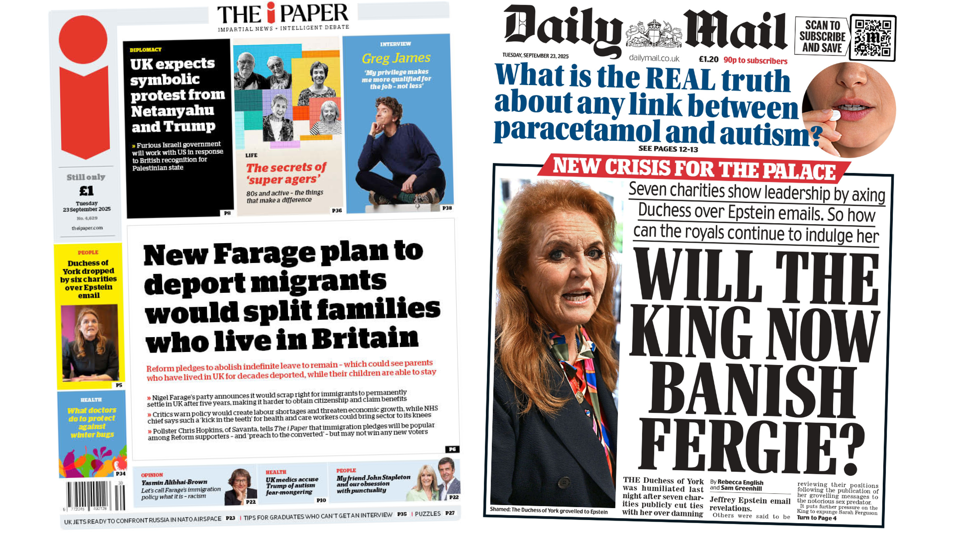 'Farage plan would split families' and 'Will the King banish Fergie?'