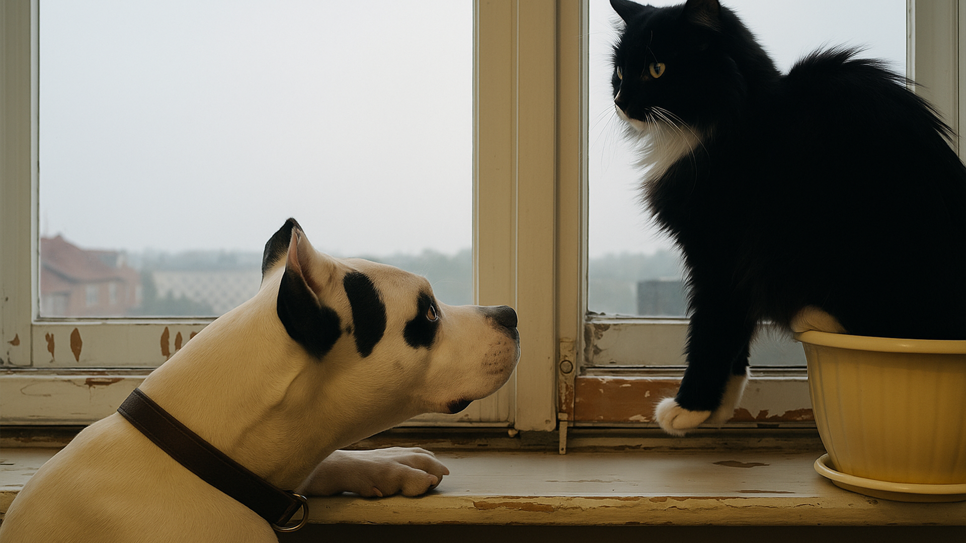 Hond en Kat Tegenover Elkaar bij het Raam