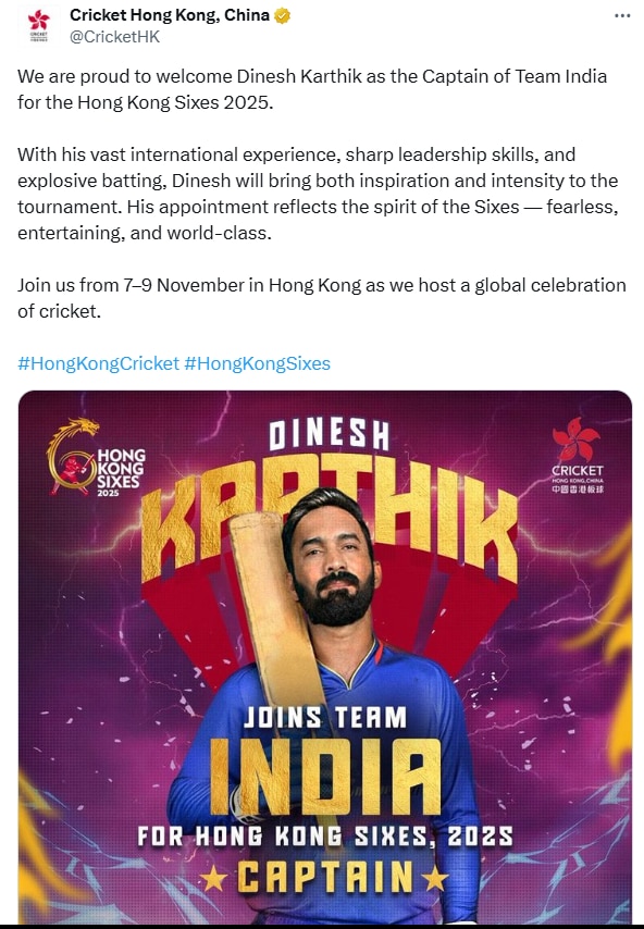Dinesh Karthik named India captain for Hong Kong sixes