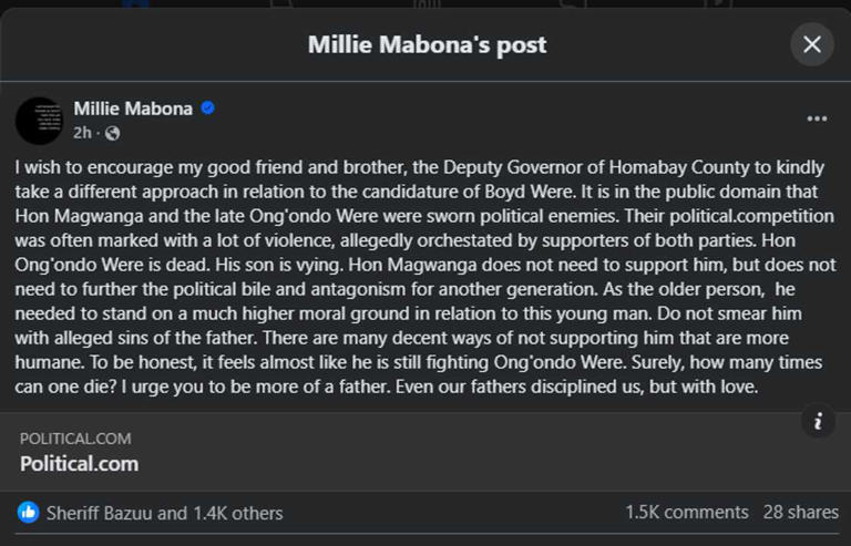 Millie Odhiambo's post slamming Homa Bay DG for rejecting Were's son ...