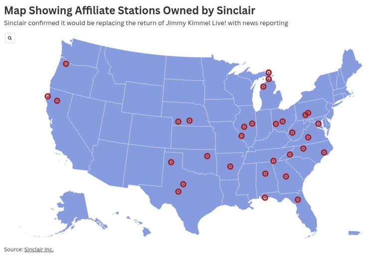 Map shows where Jimmy Kimmel won't be aired by Sinclair Broadcast Group