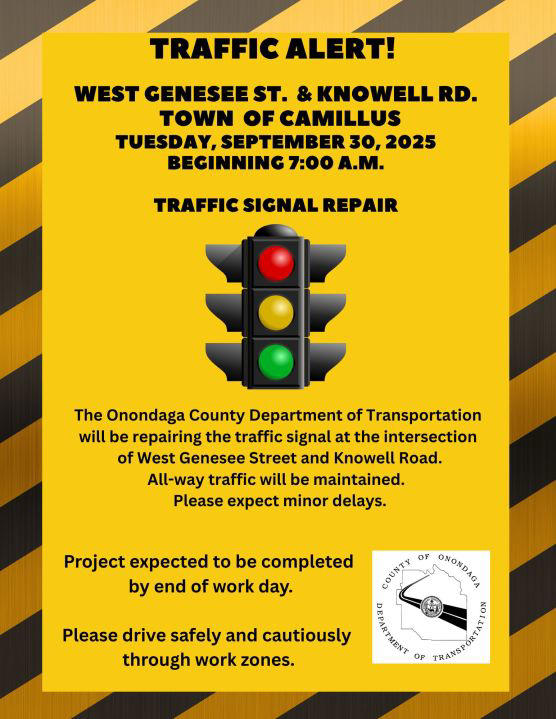 Traffic light repair at Camillus intersection to take place Tuesday