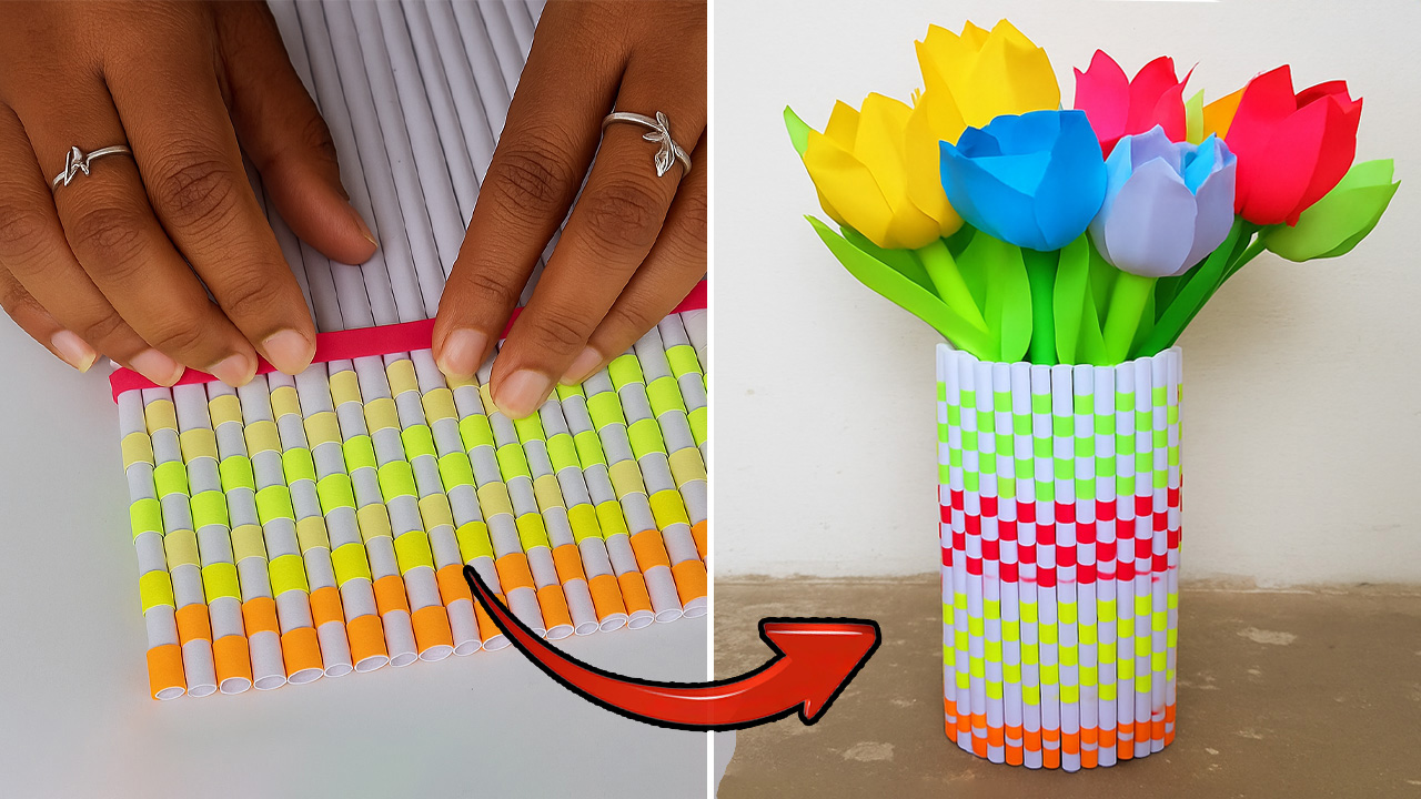 DIY Paper Flower Vase Rainbow Design