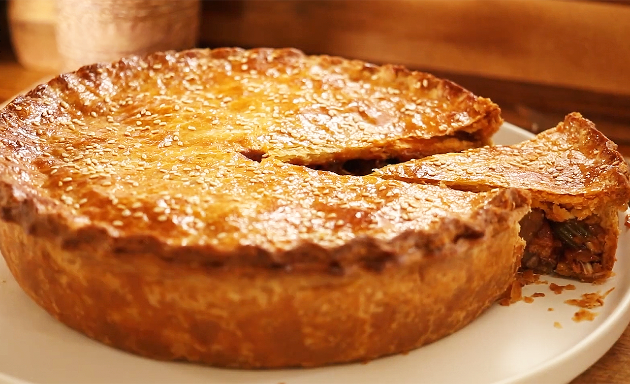 Red wine chicken pie or coq au vin pie