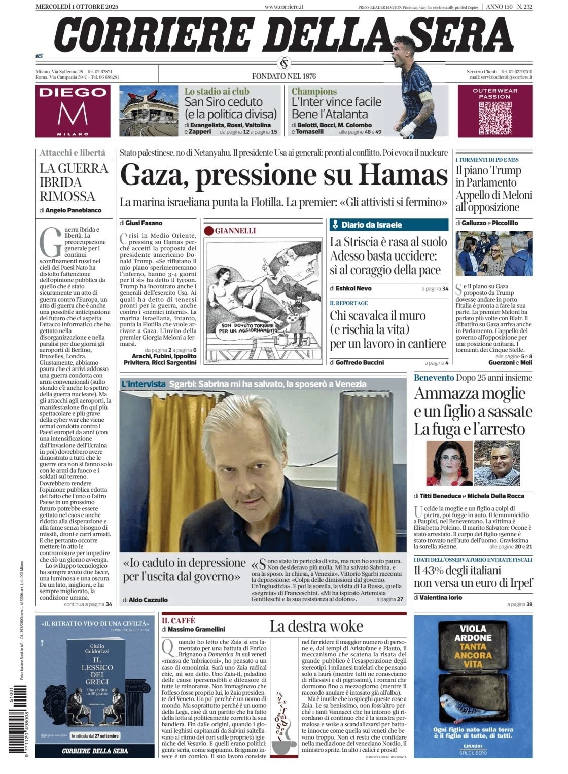 Fotorassegna stampa, le prime pagine dei quotidiani di mercoledì 1 ottobre