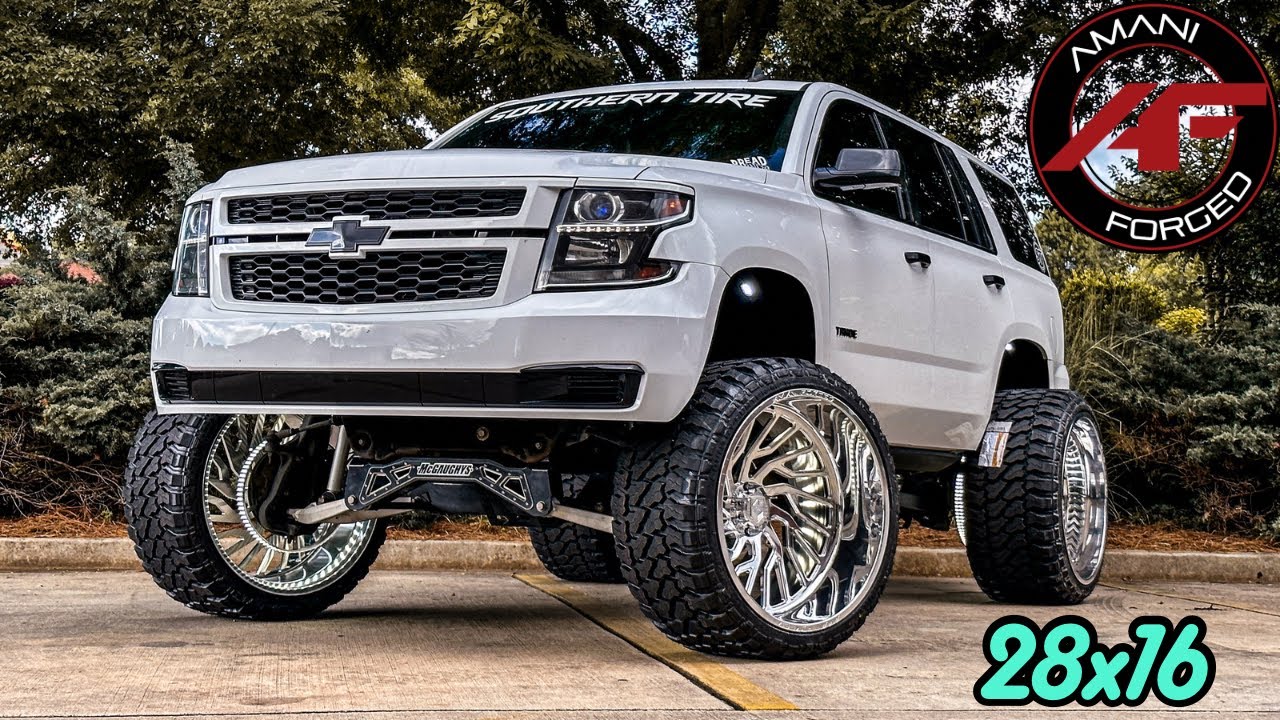 Lifted Tahoe With 28x16 Amani Forged Wheels Installation and Fitment