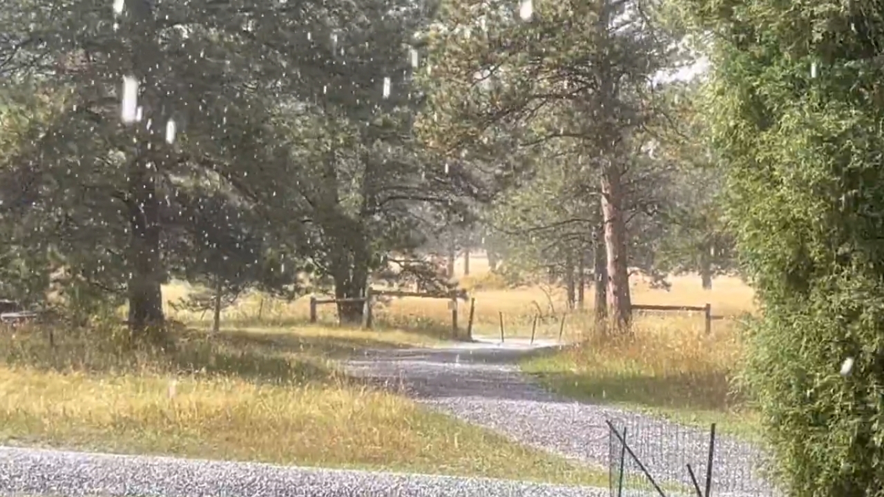 Sunshine and hailstones create unusual weather in Evergreen, Colorado, USA