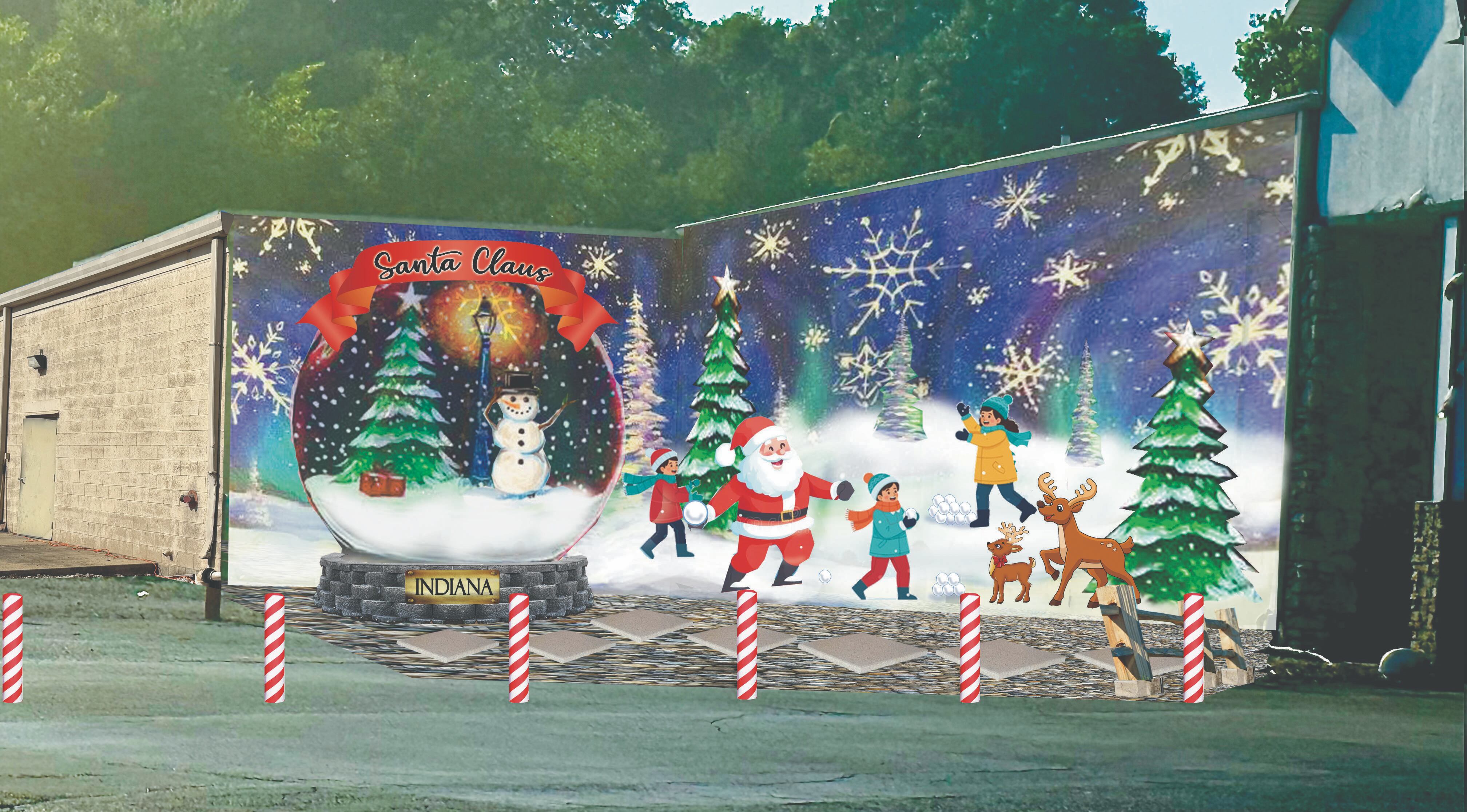 New festive mural underway in Santa Claus, Indiana