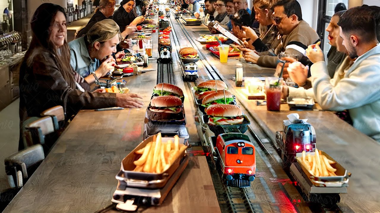Inside Futuristic Restaurant Serving Burgers with Tiny Trains