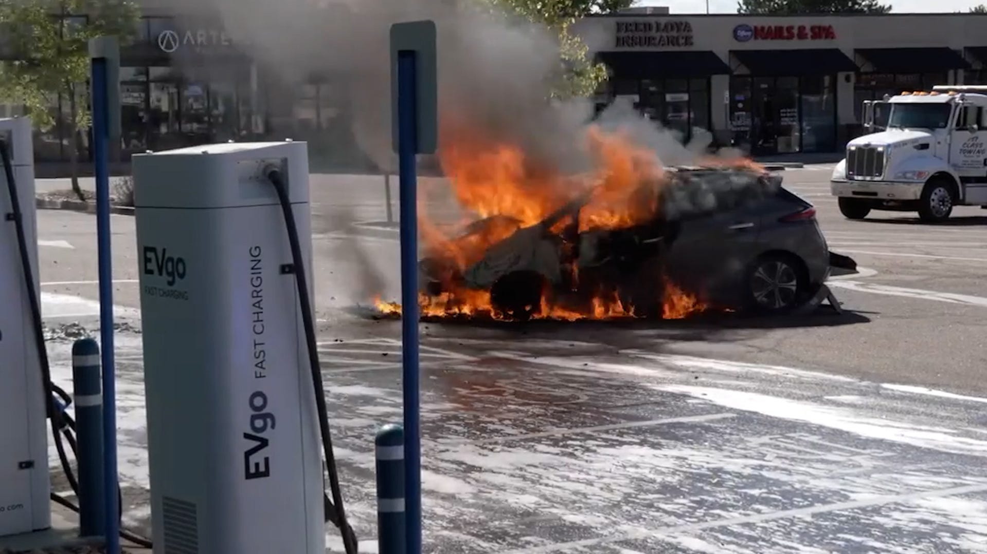 See dramatic response to electric vehicle fire at a charging station