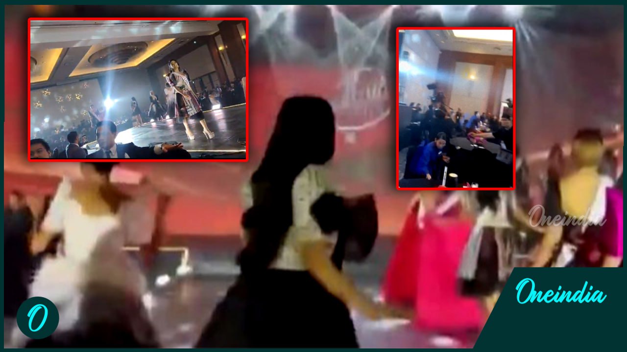 Beauty pageant contestants screaming and jumping off the stage