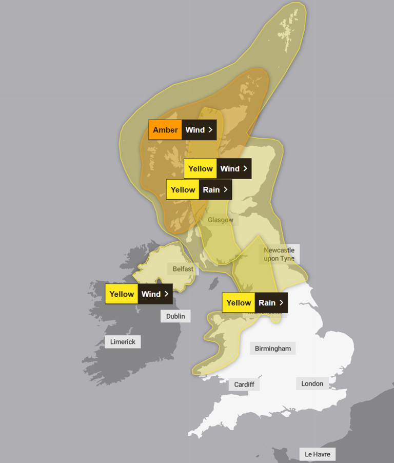 Met Office maps show where Storm Amy will hit UK as warnings upgraded