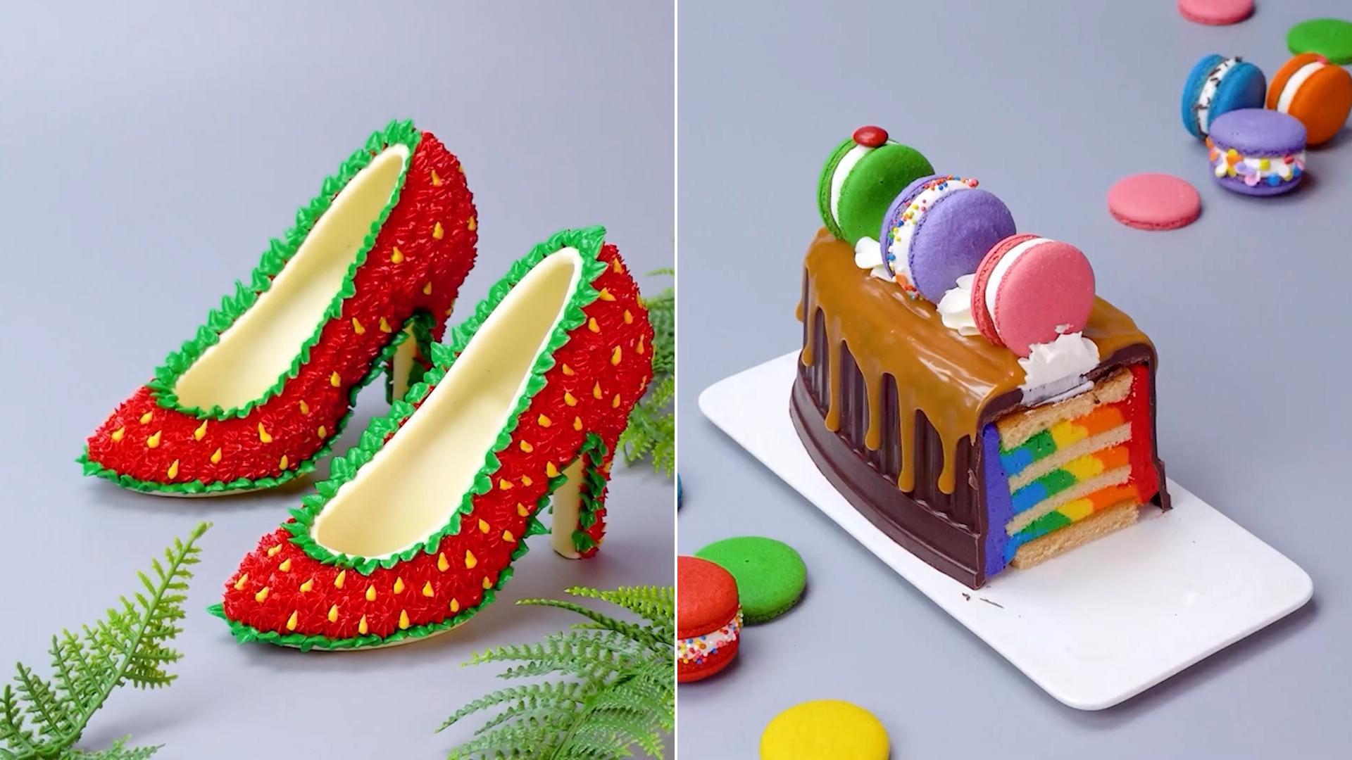 Creative Strawberry Heels and Rainbow Macaron Cake.
