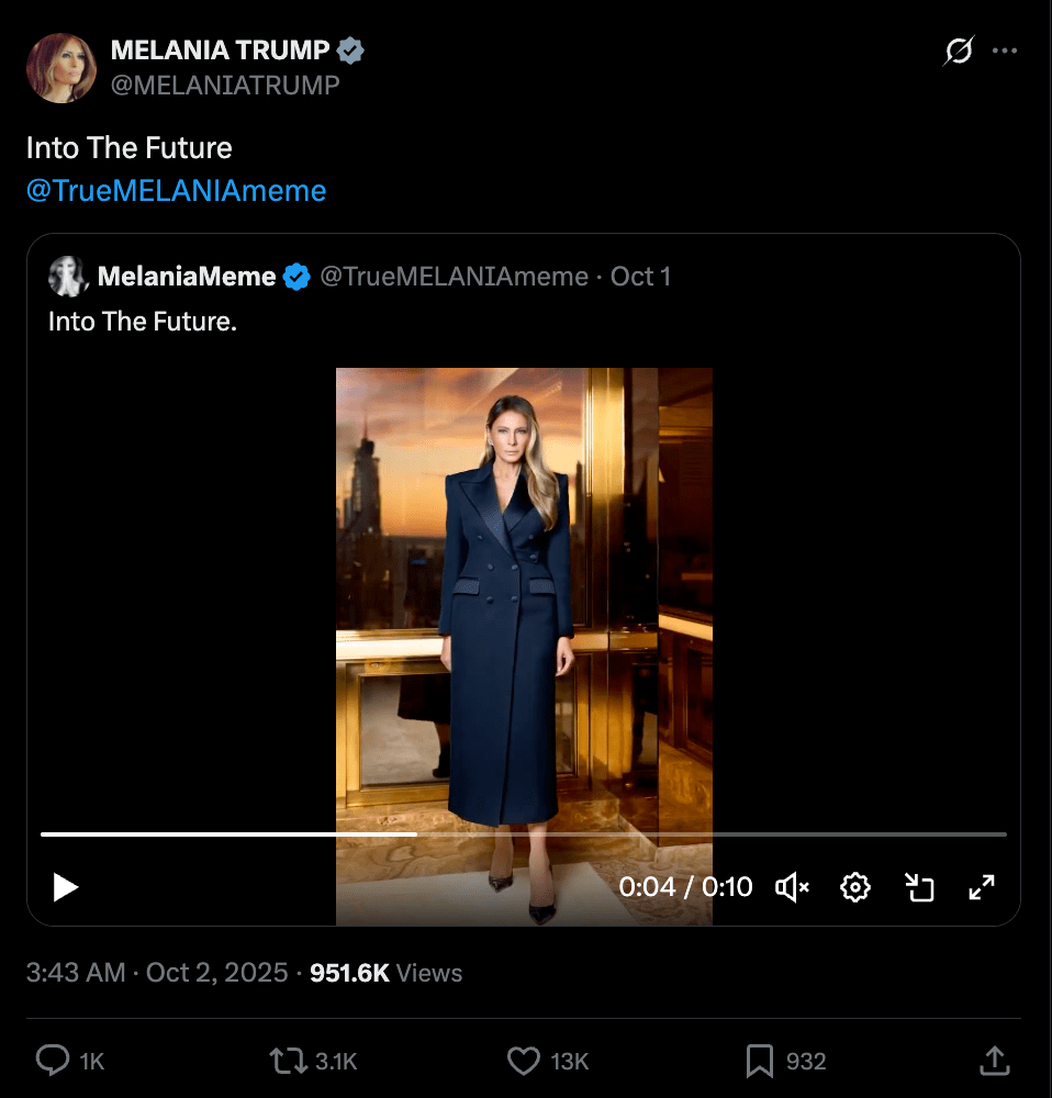 Melania Trump resurfaces with AI promo for MELANIA token despite 95% crash