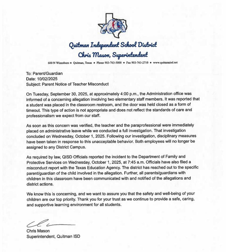 2 Quitman Elementary staff members removed for keeping student in bathroom