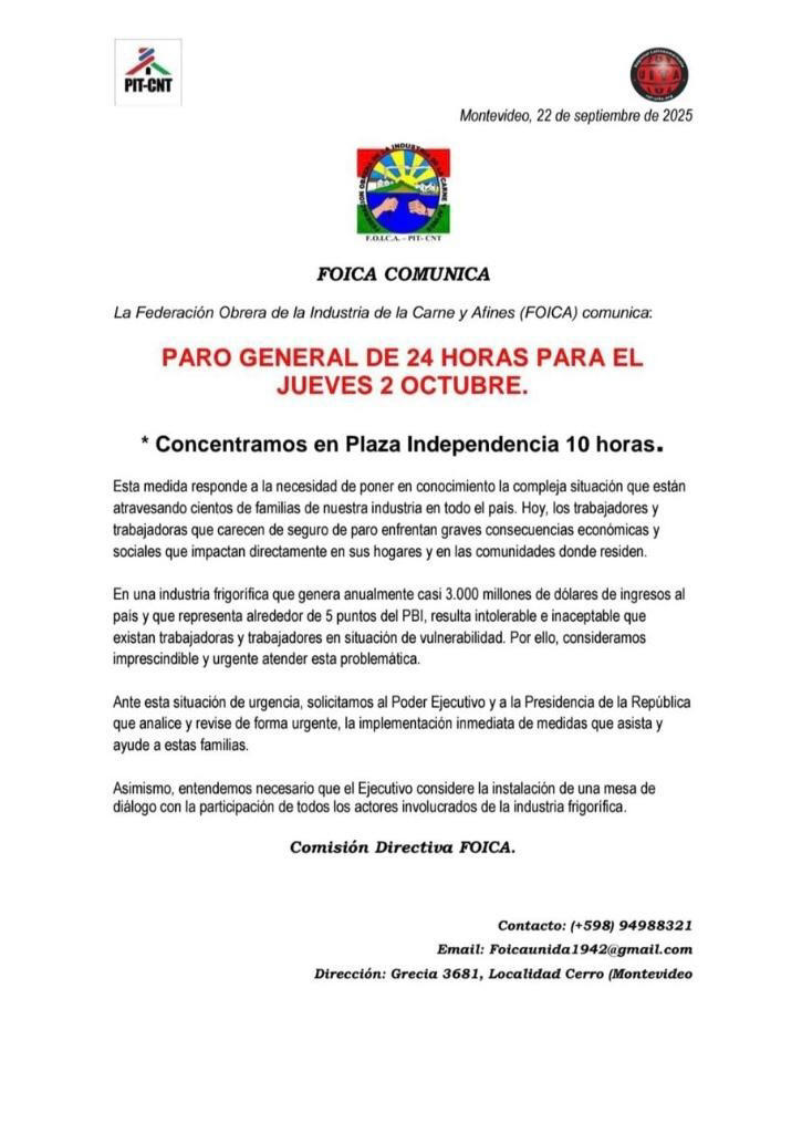 FOICA realiza un paro de 24 hrs este jueves 2 de octubre
