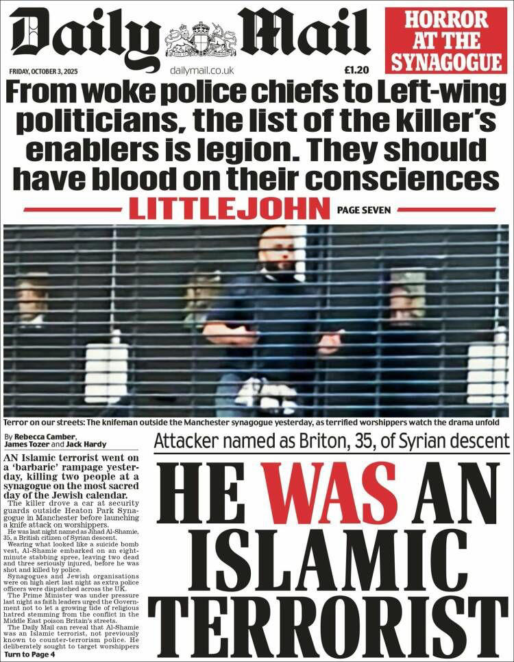 3 October 2025: ‘Terrorist kills two people at Manchester synagogue ...