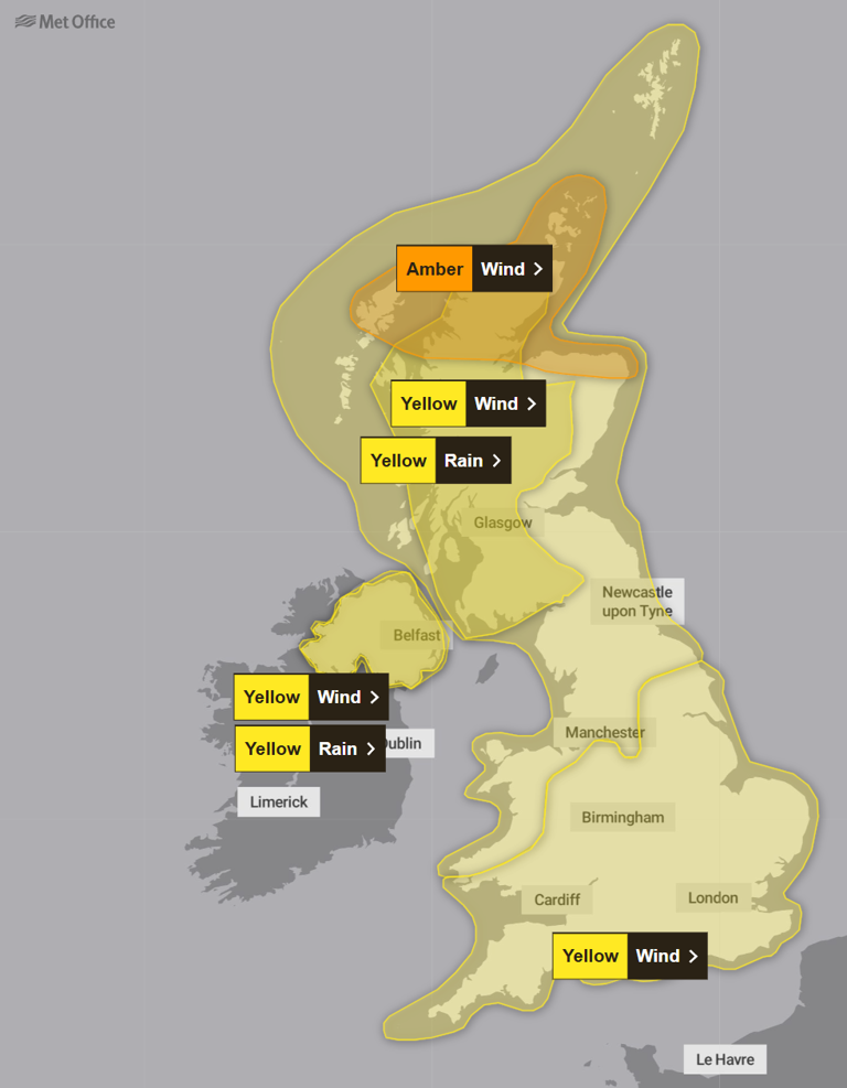 Met Office maps show Storm Amy impact as weather warnings issued for ...