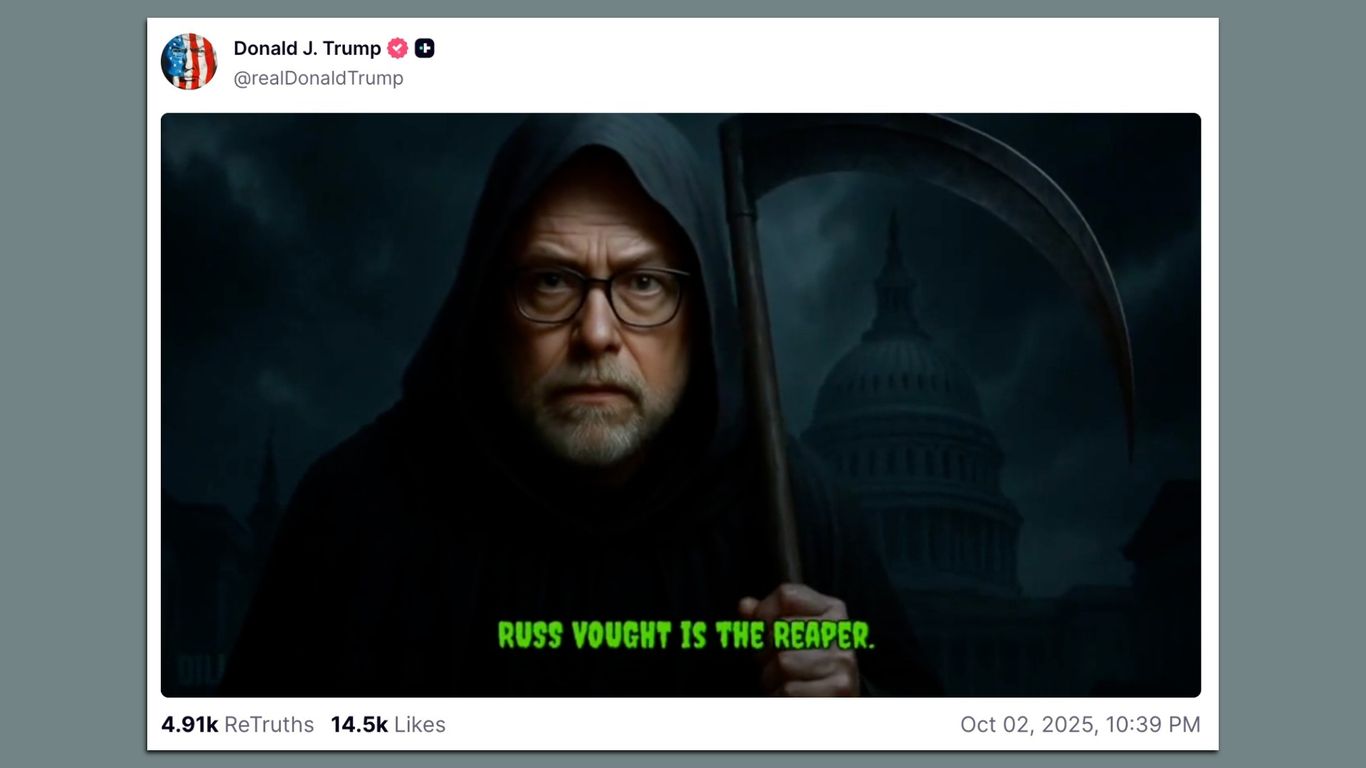 "Here comes the reaper." Trump's AI clip casts Vought as shutdown enforcer