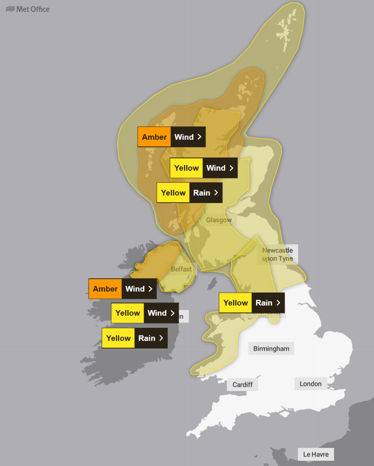 Met Office maps show Storm Amy impact as weather warnings issued for ...