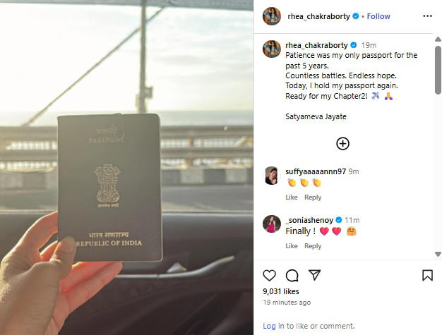 Rhea Chakraborty posts emotional reaction on getting passport back ...